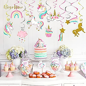 NICROHOME Unicorn Party Decorations, 30PCS Unicorn Hanging Swirl with Glitter Cardboard, Unicorn Birthday Decorations for Girls
