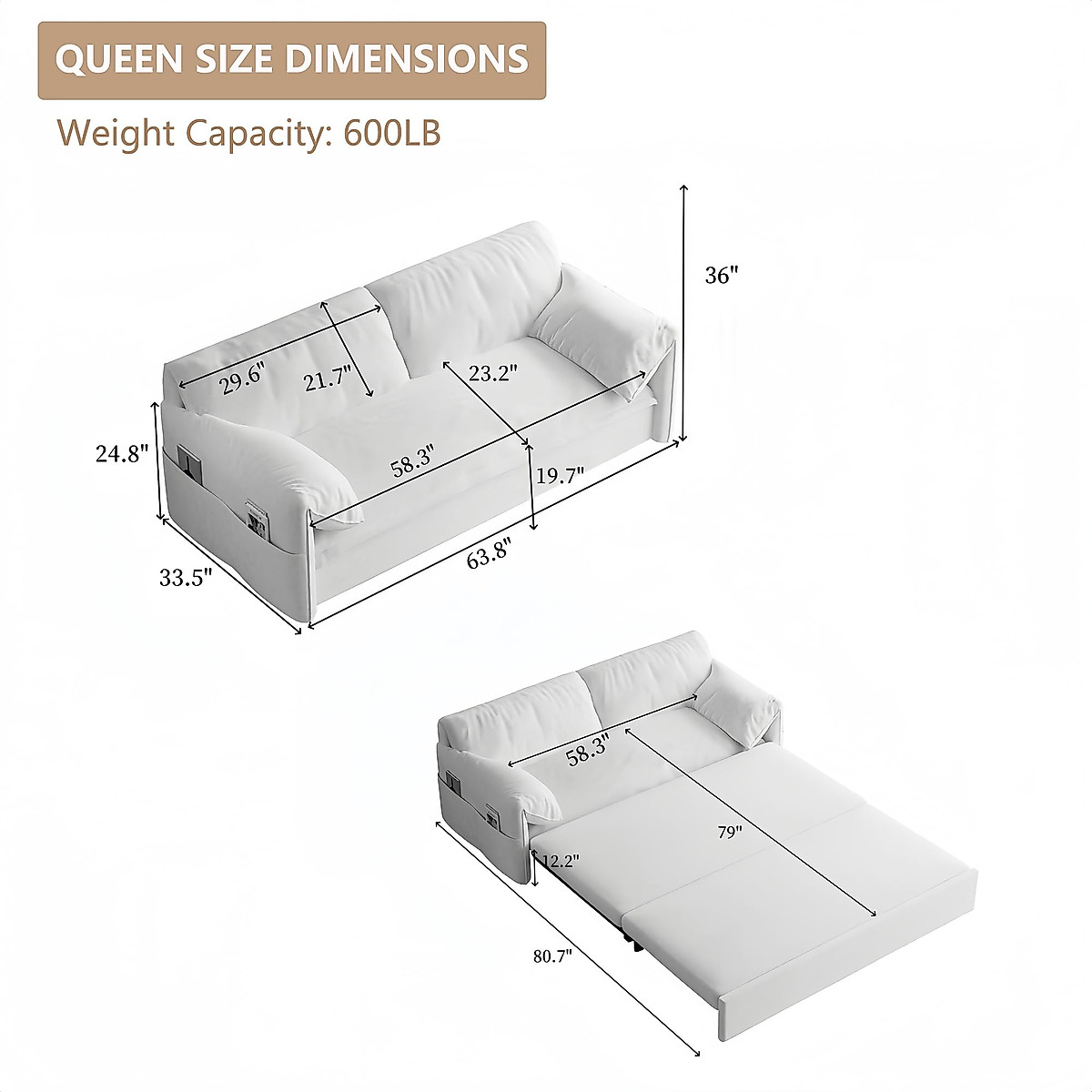 Neylory 63.8" Queen Pull Out Sofa Couch Bed, 3 in 1 Convertible Sleeper Sofa with Side Storage, Velvet Loveseat Recliner for Living Room, Apartment, Small Space, Beige