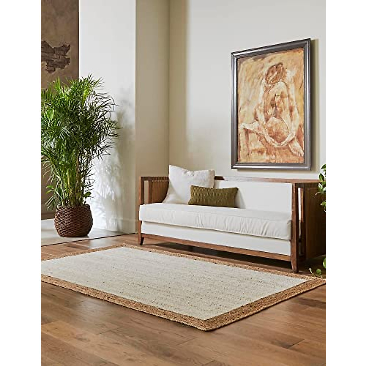 Unique Loom Braided Jute Collection Classic Quality Made Natural Hand Woven with Solid Color Detail, Area Rug, Rectangular 4' 0" x 6' 0", White/Beige