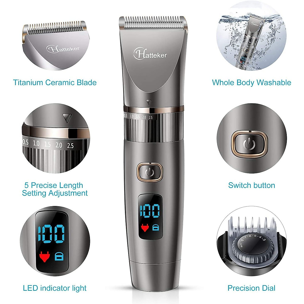 Hatteker Beard Trimmer for Men Professional Hair Clipper Hair Trimmer Shaver Haircut Detail Trimmer Hair Cutting Kit for Men Cordless Waterproof