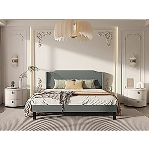 BONSOIR Queen Size Bed Frame Traditional Upholstered Low Profile Platform with Wing Back and Nail Trim Headboard/No Box Spring Needed/No Bed Skirt Needed/Soft Linen Fabric Upholstery/Light Green