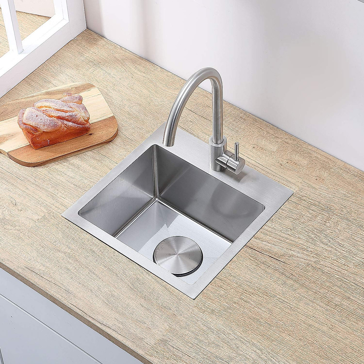 VAPSINT 15x15 inch 304 Stainless Steel Drop in Wet Bar Sink,Single Bowl Topmount Prep Rv Small Kitchen Sink with Grid and Drain