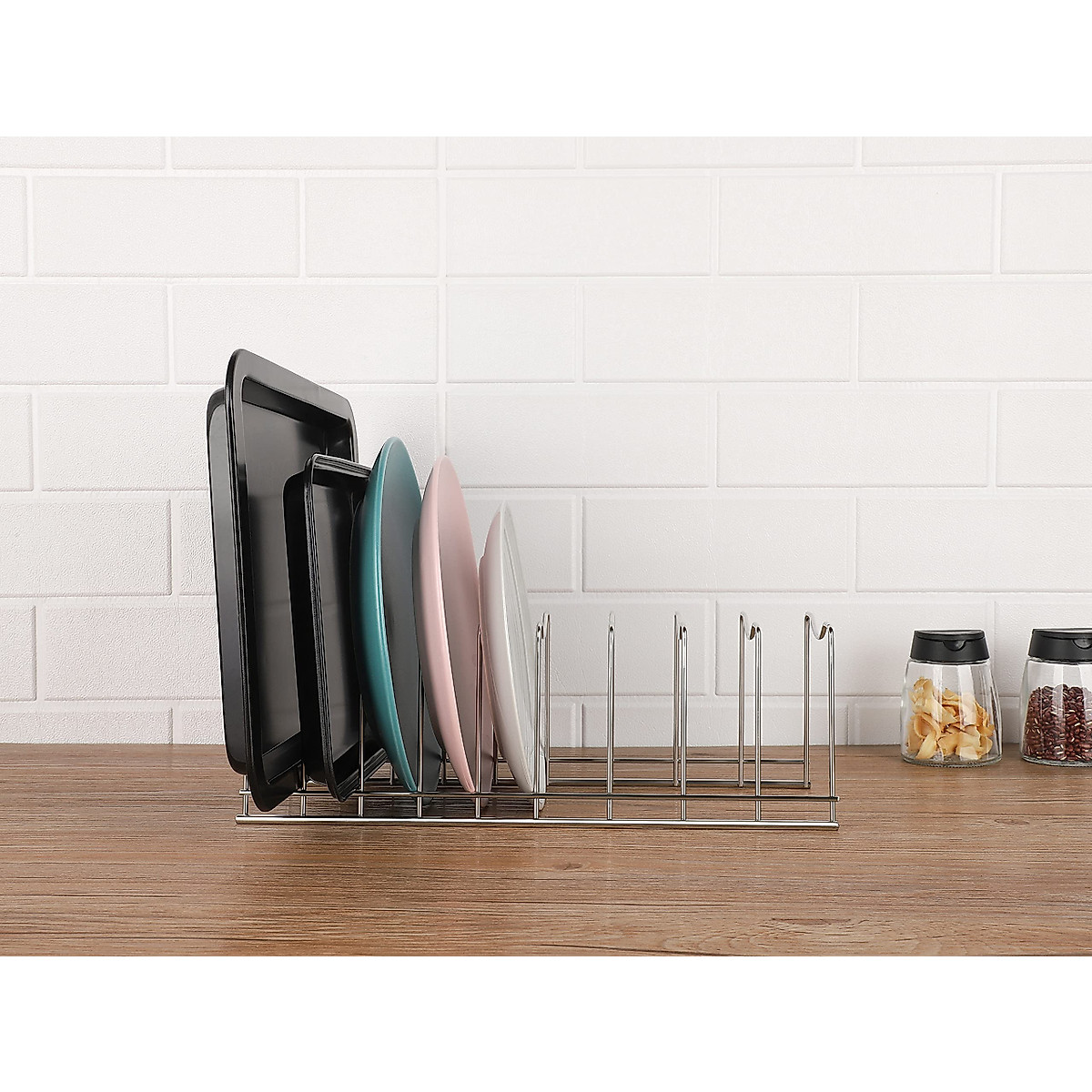 2 Pack HS Ideas Pot Lid Organizer, Kitchen Plate Rack Holder Rest,Pan and Pot Lid Holder for Cutting Boards, Bakeware, Cooling Rack, Serving Trays,Pantry and Cabinet Holder - Silver Finish…