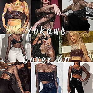 Yokawe Black Fishnet Rhinestone Crop Top, Long Sleeve Mesh Glitter Party Festival Top for Women & Girls