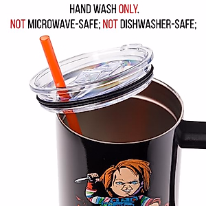 Silver Buffalo Chucky Holding Knife Wanna Play Spooky Scary Stainless Steel Tumbler with Handle and Straw, Fits in Standard Cup Holder, 40 Ounces