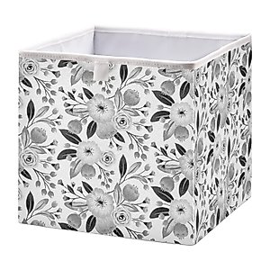 Poeticcity Black Grey Floral Flowers on White Square Storage Basket Bin, Collapsible Storage Box, Foldable Nursery Baskets Organizer for Toy, Clothes Easy to Assemble