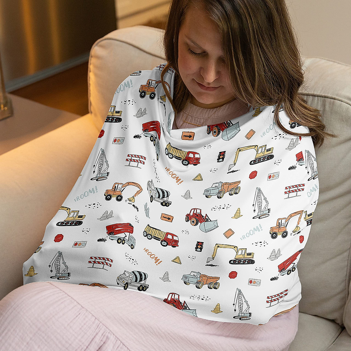 Sweet Jojo Designs Red and Blue Construction Truck Boy Infant Baby Car Seat Cover Nursing Breastfeeding Shopping Cart Stroller Canopy - Grey Yellow Orange Brown Black and White Transportation