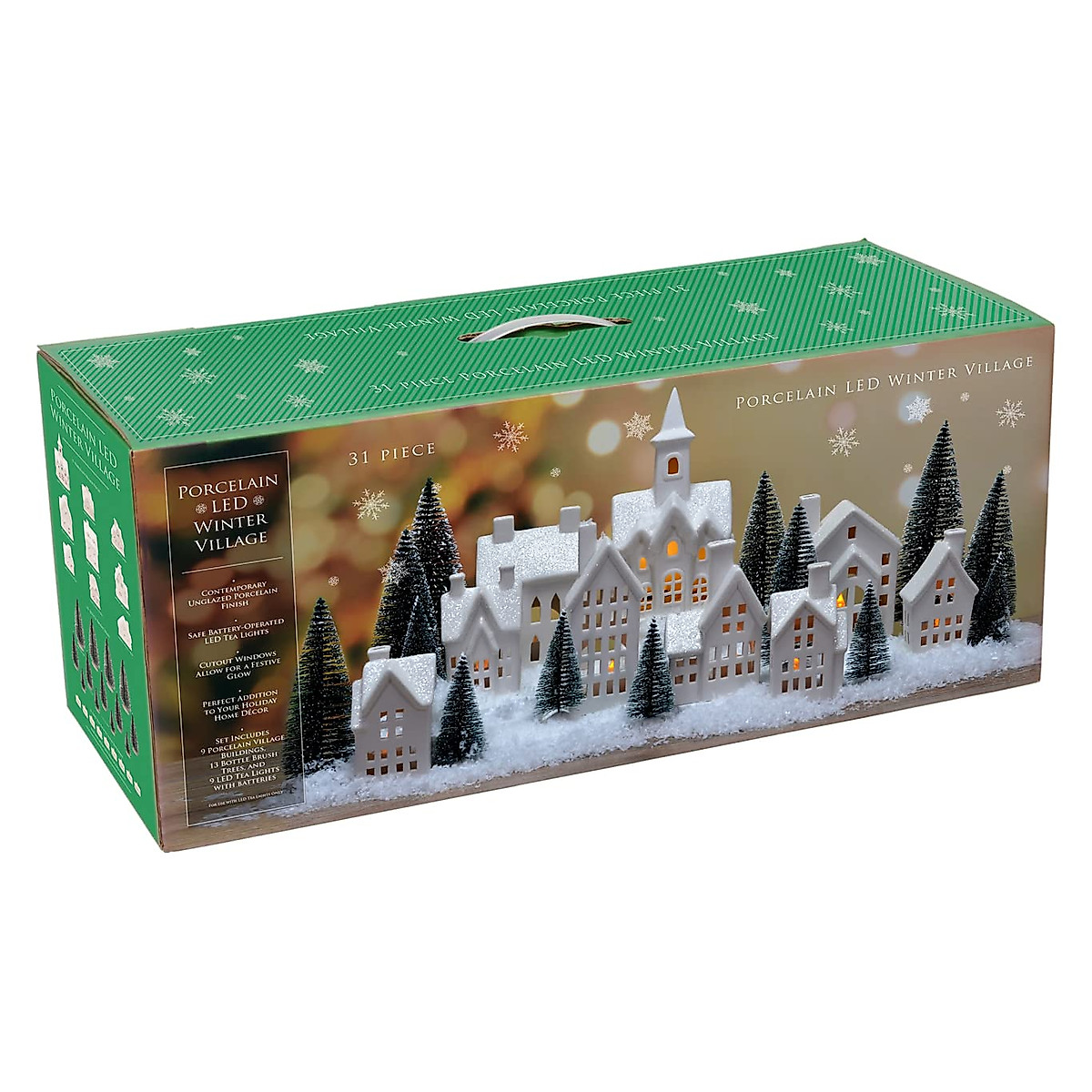 Mark Feldstein & Associates Winter Village LED Tea Light 31 Piece Porcelain Tabletop Christmas Figurine Boxed Set