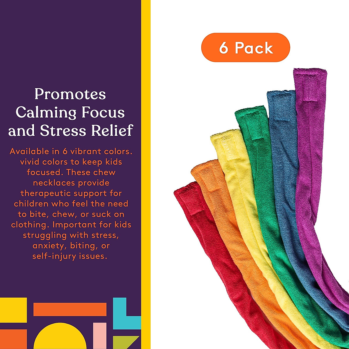 Special Supplies Chew Necklaces for Sensory Kids Boys and Girls, 6 Bands, Soft and Super Absorbent Terry Cloth, Shirt and Clothing Oral Stimulation Alternative, Reusable and Washable