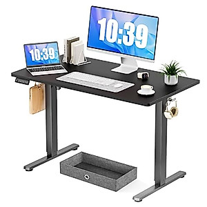 DUMOS Adjustable Height Electric Standing Desk with Drawer,48 x 24 in Ergonomic Computer Table with Splicing Board, Wire Hole and Hook for Workstation for Home, Office, Black