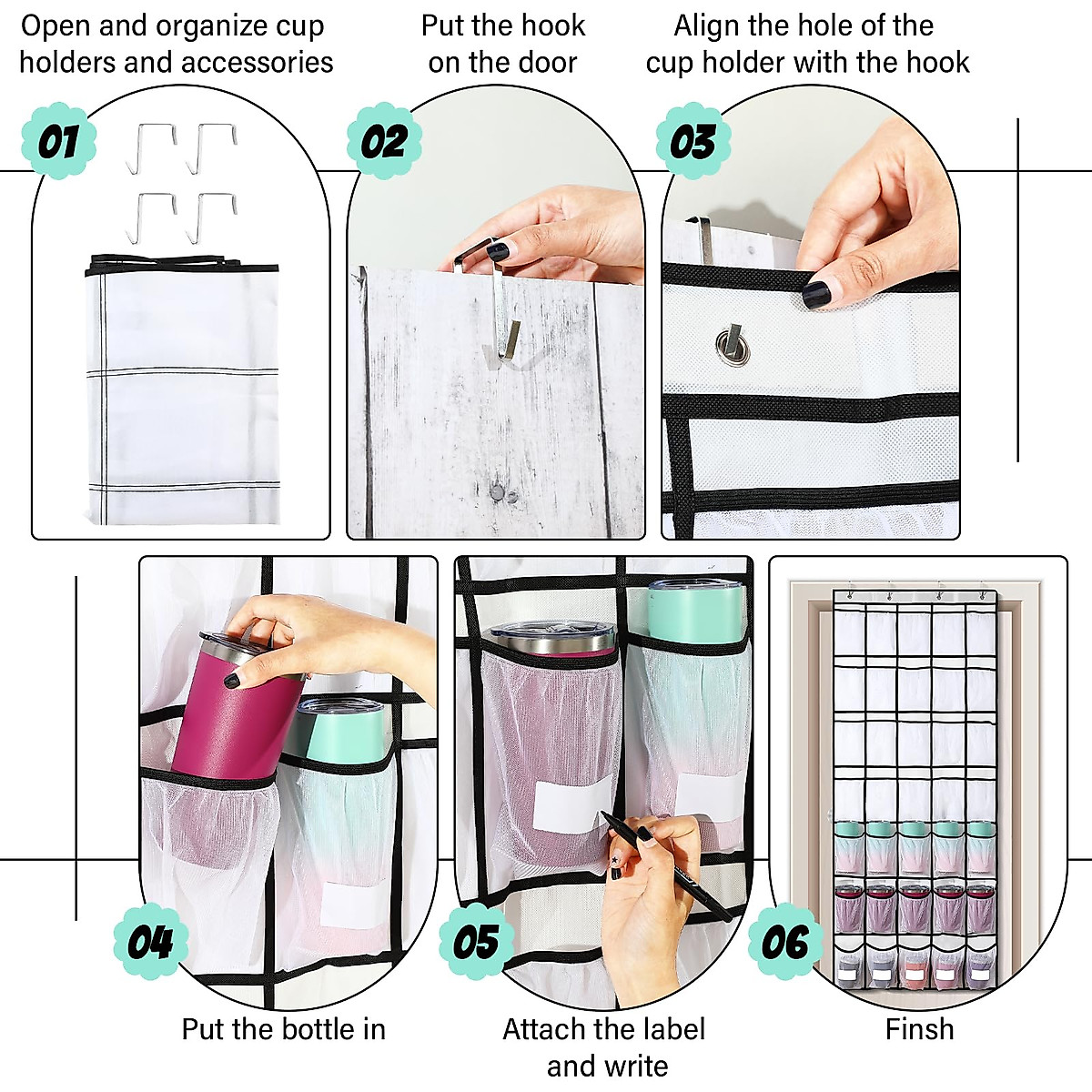 GliCraft 35 Pockets Over the Door Water Bottle Organizer Hanging Water Bottle Organizer with Elastic Strap Mesh Bag and Pen Water Bottle Holder for Door Closet Pantry Storage Rack(White)