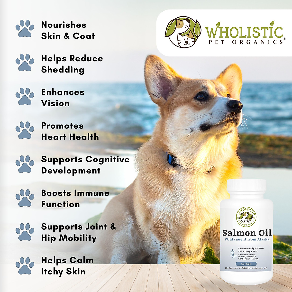 Wholistic Pet Organics Wild Alaskan Salmon Oil for Dogs - 100 Soft Gels - Rich Omega 3 Fish Oil with EPA & DHA for Skin, Coat, Joint, and Heart Health - Choice for Dog Skin & Coat Care