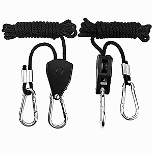 2 Pairs 1/8 inch Adjustable Heavy Duty Rope Hanger - Reinforced Metal Internal Gears Ratchets foe Growing Light Fixtures, Loose-Proof Design, 8-ft Long & 150lbs Weight Capacity