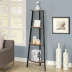 Tangkula Industrial Corner Shelf, 4-Tier Ladder Bookshelf, Metal Frame Storage Rack, Bookcase, Plant Stand, Multipurpose Accent Furniture for Home Office, Display Corner Shelf (Rustic Brown)