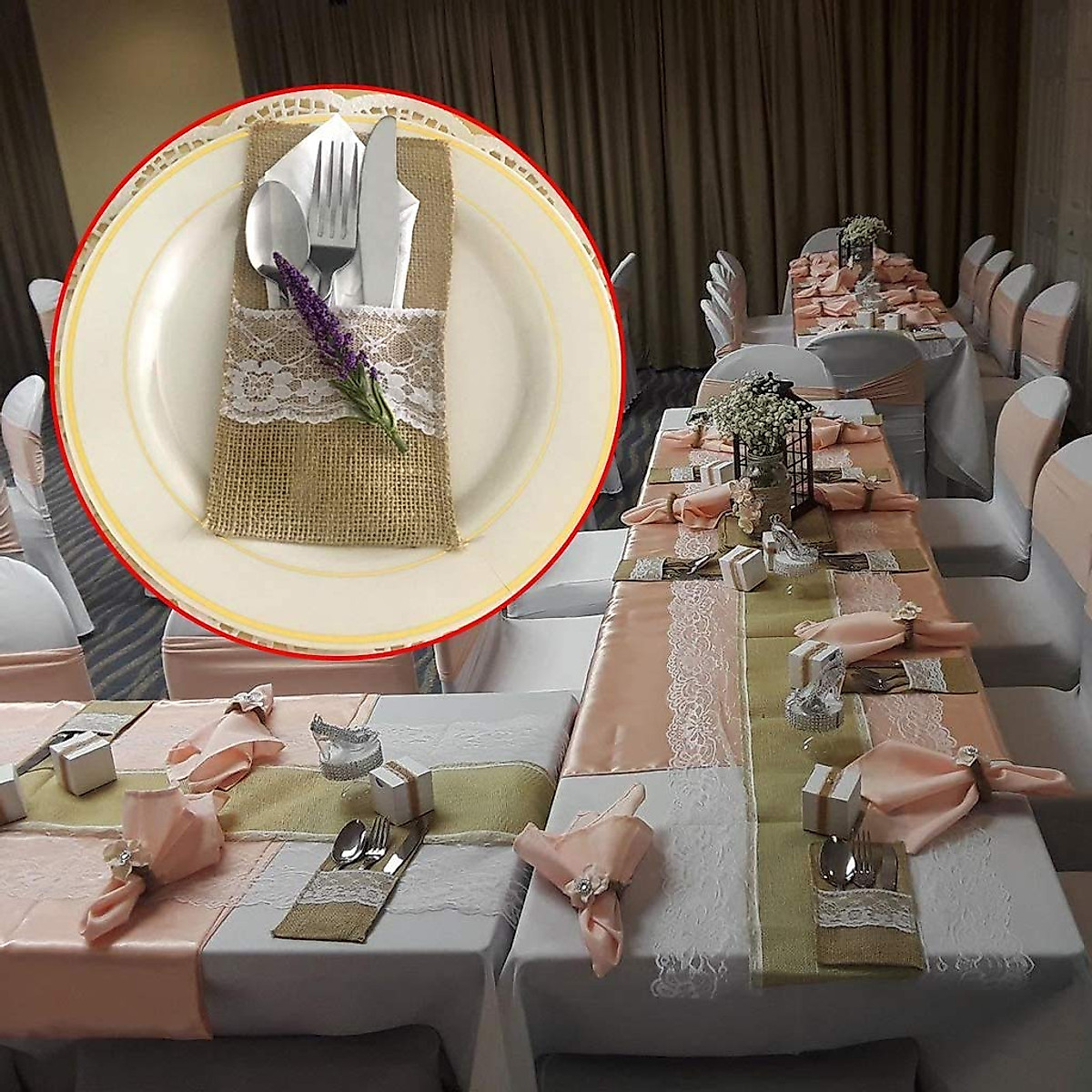 75Pcs Burlap Lace Cutlery Pouch Rustic Wedding Knife Fork Holder Bag Hessian Table Decoration Accessories