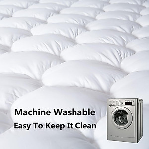 JURLYNE Mattress Pad Queen Size, Quilted Fitted Mattress Cover, Pillow Top with Fluffy Breathable 5D & 7D Spiral Fiber Filling, Cooling Mattress Topper Cover, Protector, White