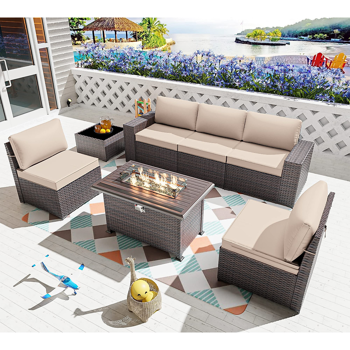 ALAULM 7 Pieces Outdoor Patio Furniture Set with Propane Fire Pit Table Patio Sectional Sofa Sets Outdoor Furniture 43" Gas Fire Pit Patio Conversation Set w/Glass Table & 5 Cushions (Sand)
