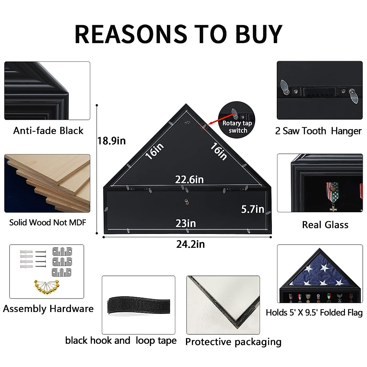 Zmiky Veteran Burial Flag Display Case American Flag Solid Wood Display Case Fits a 5 X 9.5 Flag Folded Military Shadow Box with Felt Lining Holder for Pins Insignia Medals, Black