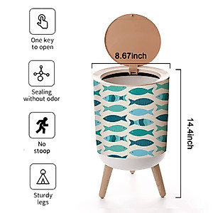 Round Trash Can with Lid Coastal fish seamless blue teal green fish a light sand Modern Press Top Recycle Bin Small Garbage Can Dog Proof Wastebasket Wooden Legs Bathroom Kitchen 7L/1.8 Gallon