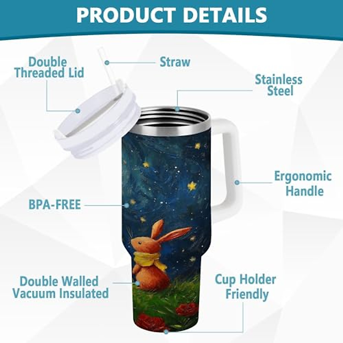 Little Red Rabbit Starry Blue Travel Coffee Tumbler, Stainless Steel Cup, Tumbler with Lid and Straw