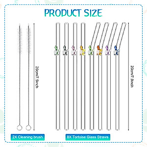 8 Pcs Reusable Glass Straws Shatter Resistant Straws with Design Colorful Cute 8'' Bend Drinking Glass Straws for Cocktail with 2 Cleaning Brushes (Turtle)