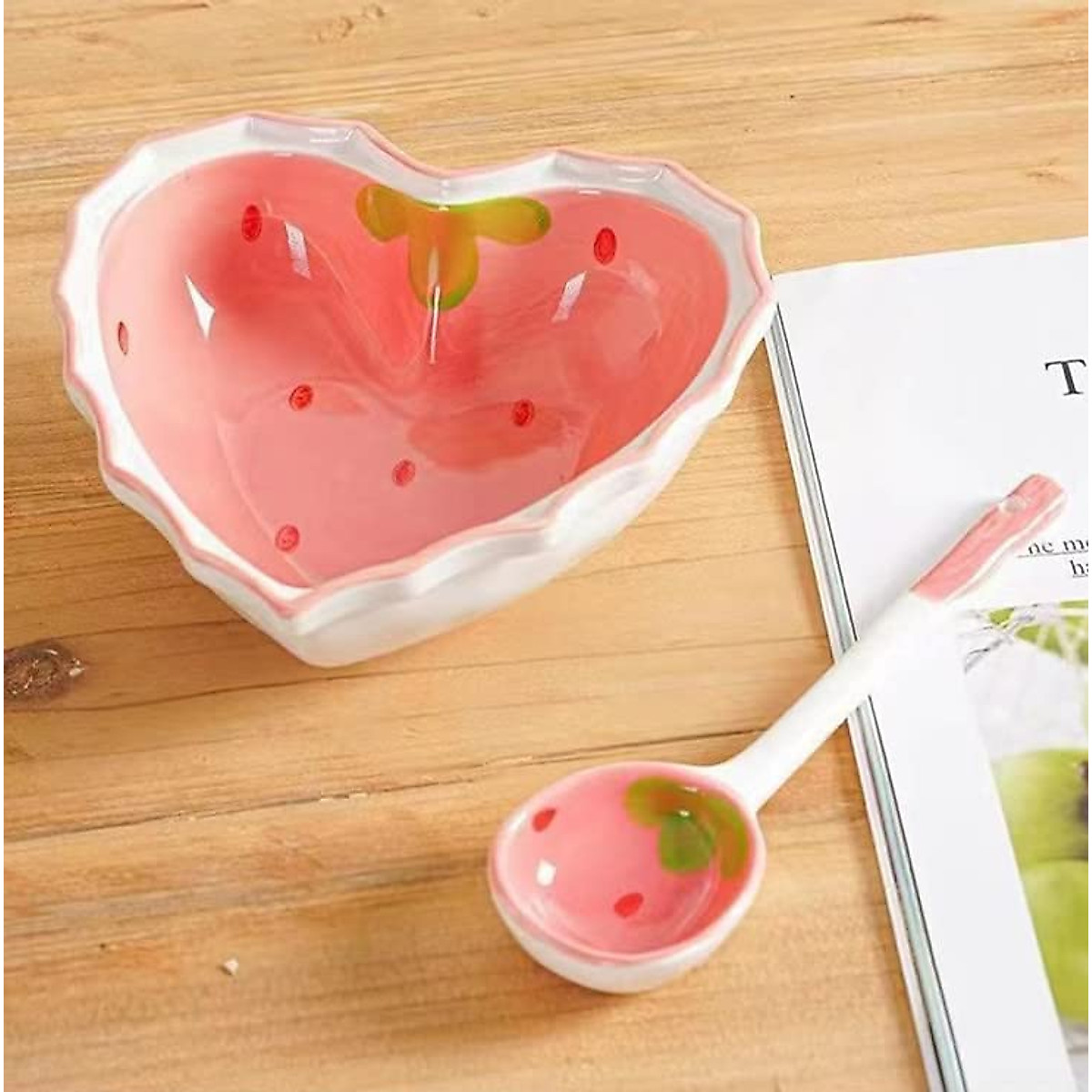 ENPAP Strawberry-shaped heart-shaped ceramic bowl, sturdy salad bowl, for cereals, salads, soups, salads and ceramic lettuce, for oatmeal, ceramic (pink)