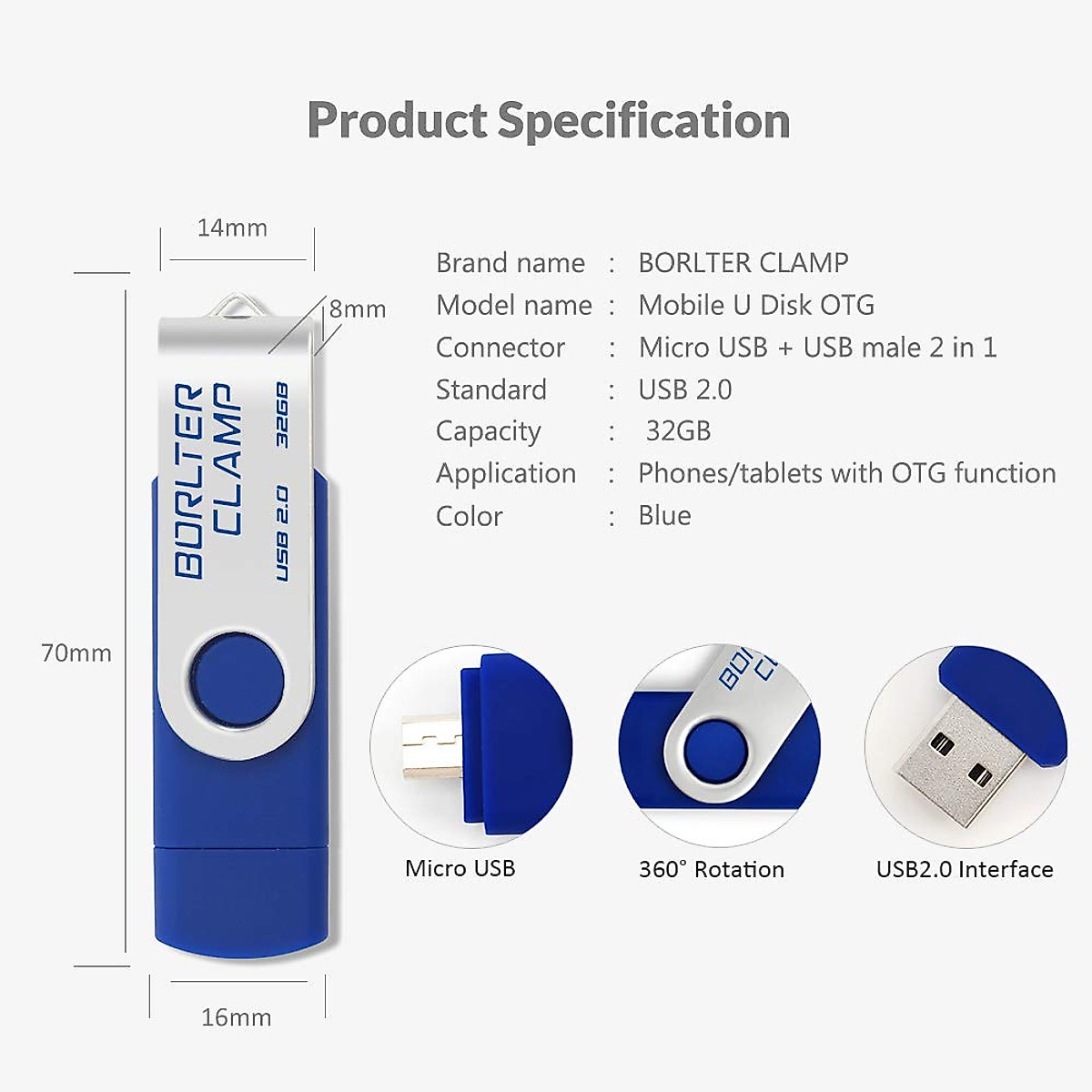 BorlterClamp 32GB USB Flash Drive Dual Port Memory Stick, OTG Swivel Thumb Drive with Micro USB Drive Port for Android Smartphone Tablet & Computer (Blue)