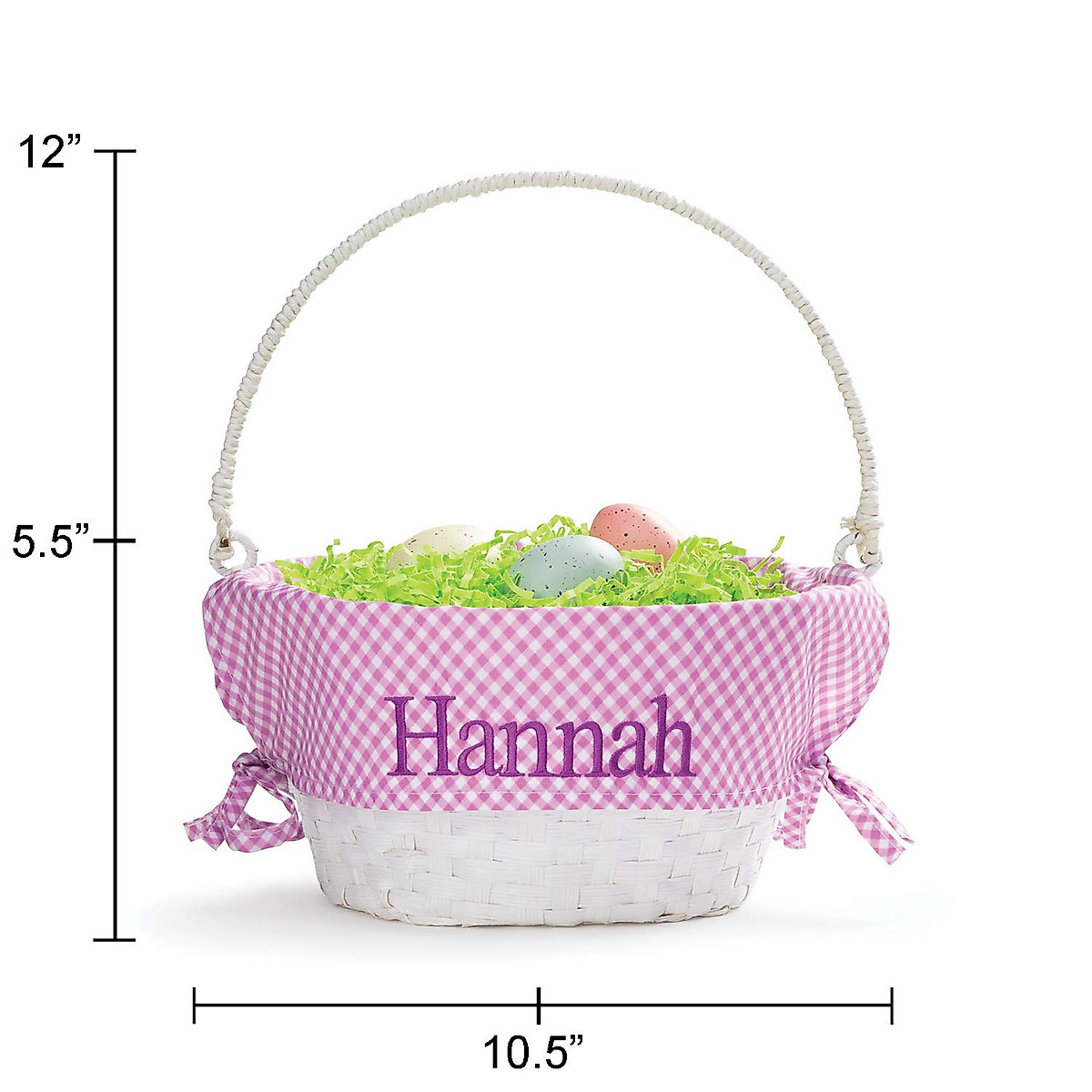 Personalized Easter Egg Basket with Handle and Custom Name | Purple Gingham Easter Basket Liners | White Basket | Woven Easter Baskets for Kids and Adults | Customized Easter Basket | Gift for Easter