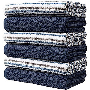 Kitchen Towels 16”x 26”- 6 Pack | Large Cotton Kitchen Hand Towels | Dish Towels | Popcorn Stripe Design | 400 GSM Highly Absorbent Tea Towels Set with Hanging Loop | Dish Towels for Kitchen | Blue