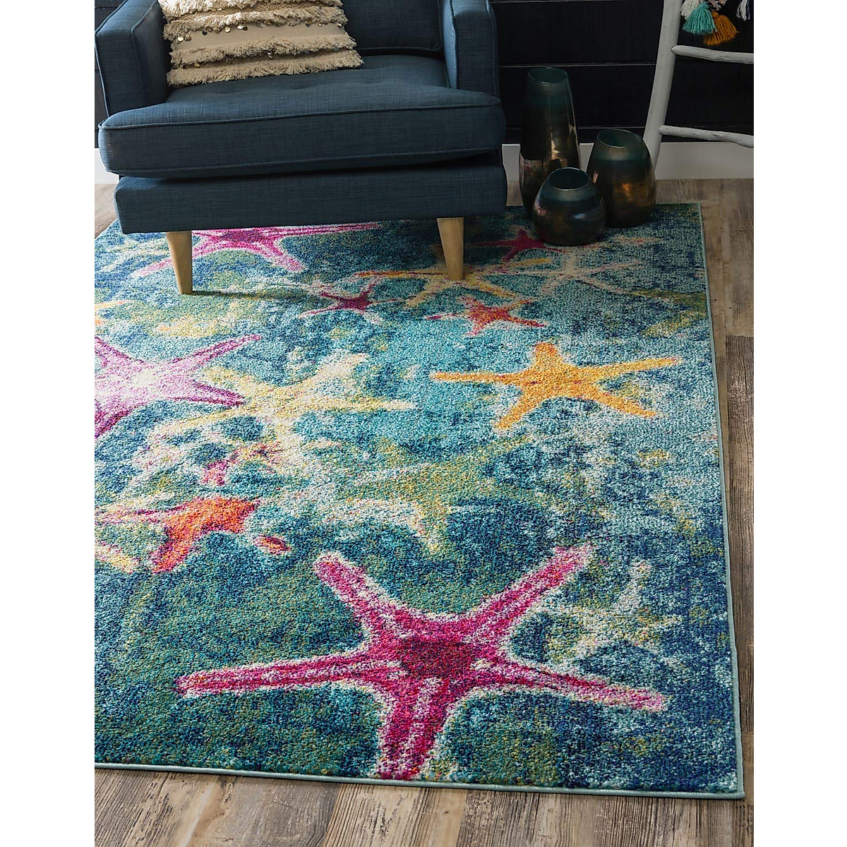 Unique Loom Positano Collection Coastal Modern Bright Colors Starfish Navy Blue Area Rug (4' x 6')