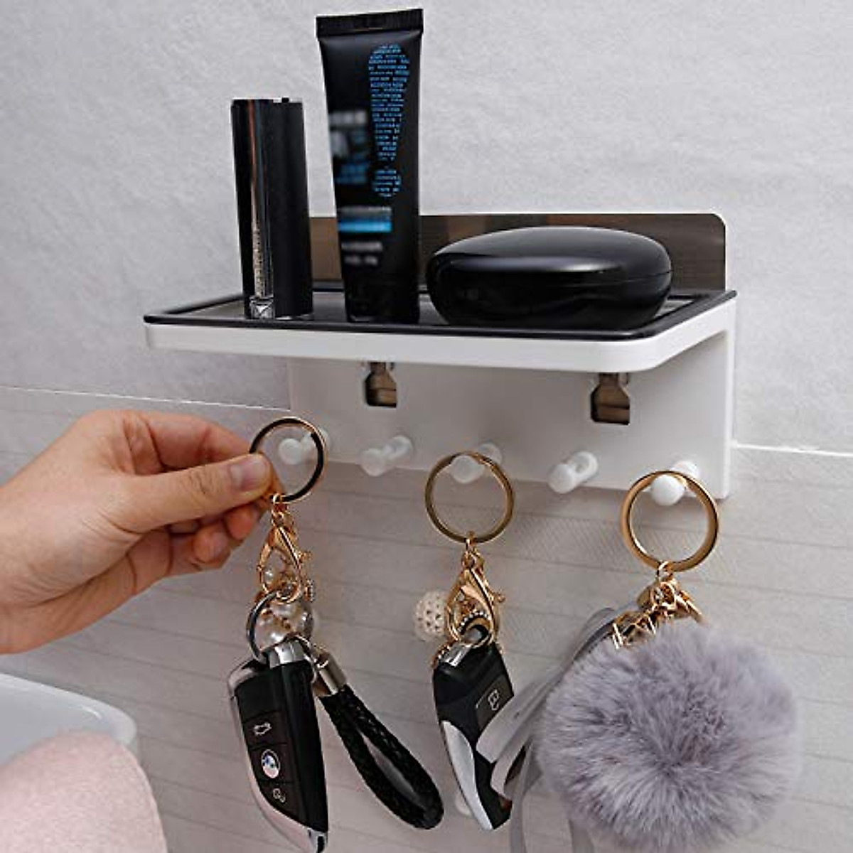 JDGOOMA Wall Mount Entryway Storage Organizer Small Stick On Key Holder Mail Letter Sorter Adhesive Wall Shelf with 5 Hooks -Leash,Keys Holder for Entryway,Mudroom,Hallway,Kitchen(Gray)