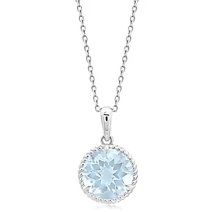 MAX + STONE 14k White Gold Roped Halo Aquamarine Round Pendant Necklace for Women 8mm Solitaire March Birthstone with 18 Inch Cable Chain