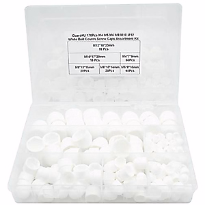 Guard4U 170Pcs 6-Sizes White Bolt Covers Screw Caps Assortment Kit,M4 M5 M6 M8 M10 M12 Plastic Acorn Dome Protection Caps for Protecting Hexagon Shaped Screws Bolts