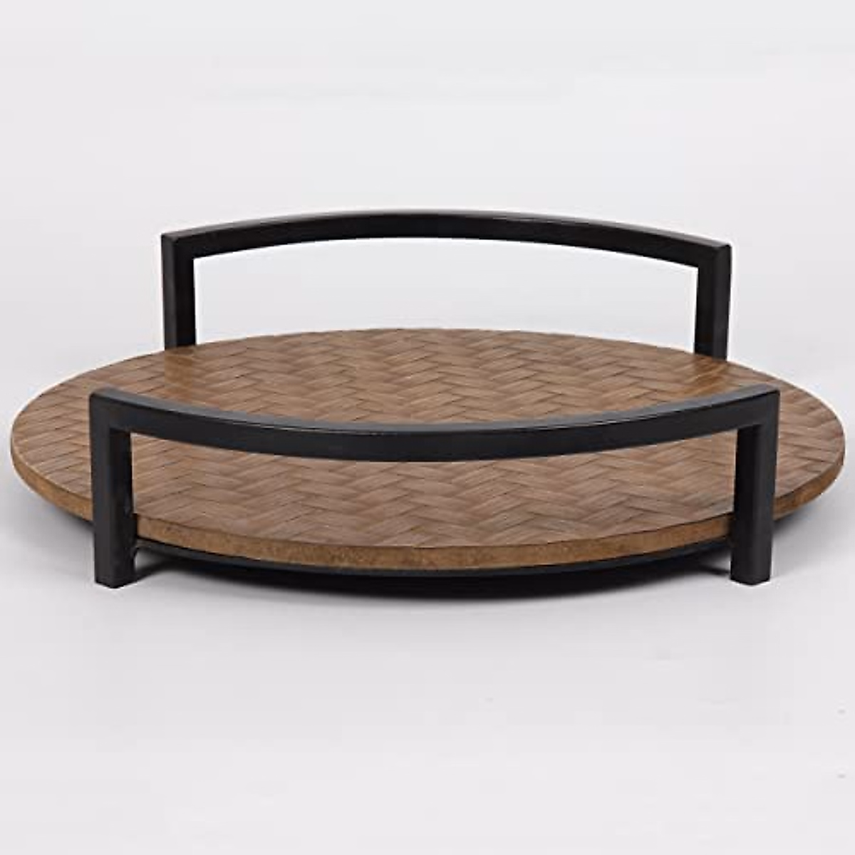 Farmhouse Round Decorative Tray，Wood Serving Tray with Metal Handles, Rustic Ottoman Coffee Table Accent Tray, Centerpieces for Table (Natural Brown)