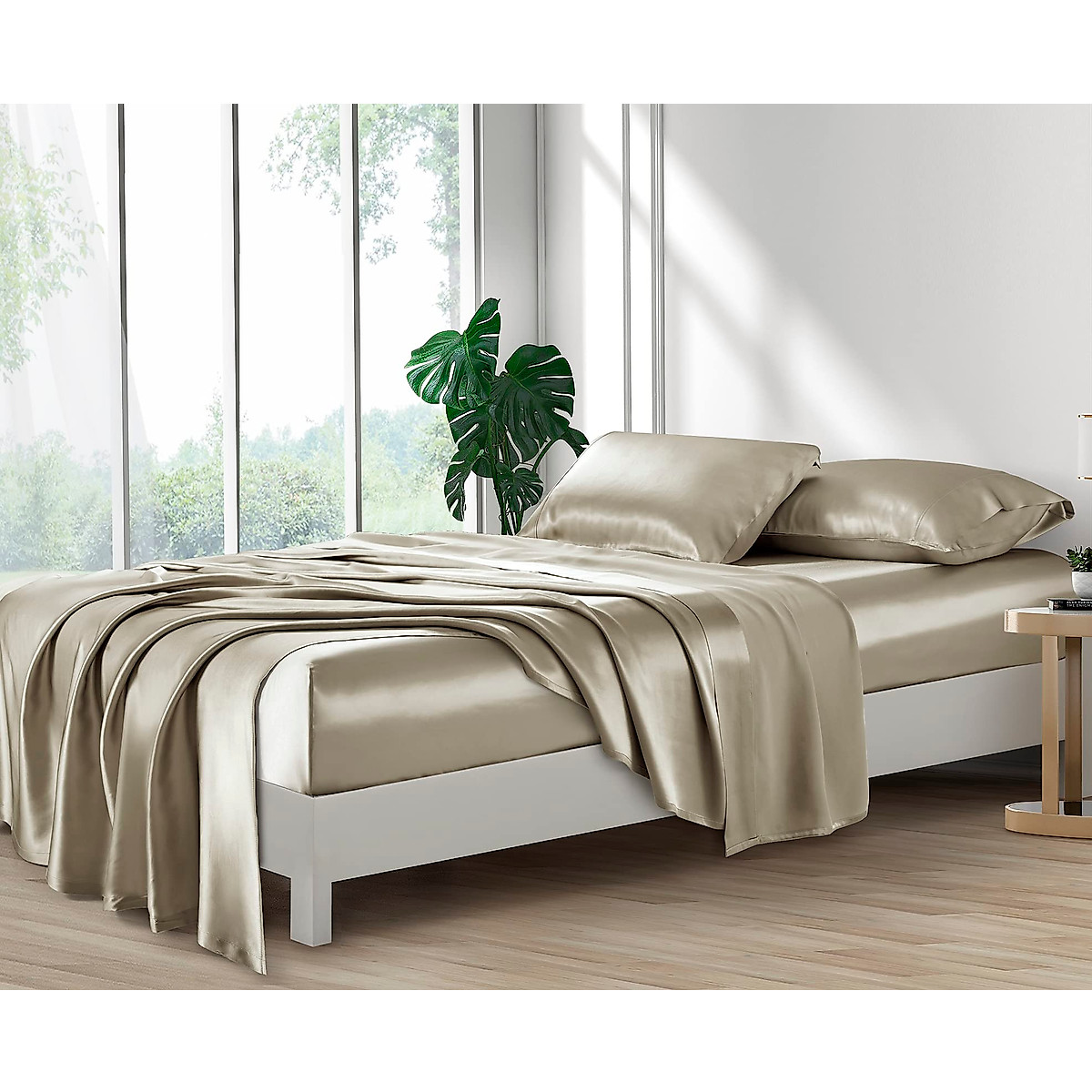 Lanest Housing Silk Satin Sheets, 4-Piece Full Size Satin Bed Sheet Set with Deep Pockets, Cooling Soft and Hypoallergenic Satin Sheets Full - Taupe