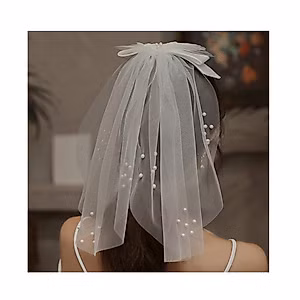 Campsis Wedding Bridal Veil White Pearl Tulle Short Veil Bow Knot 1 Tier Veil Bride Hair Accessories for Women and Girls (A-Clip)