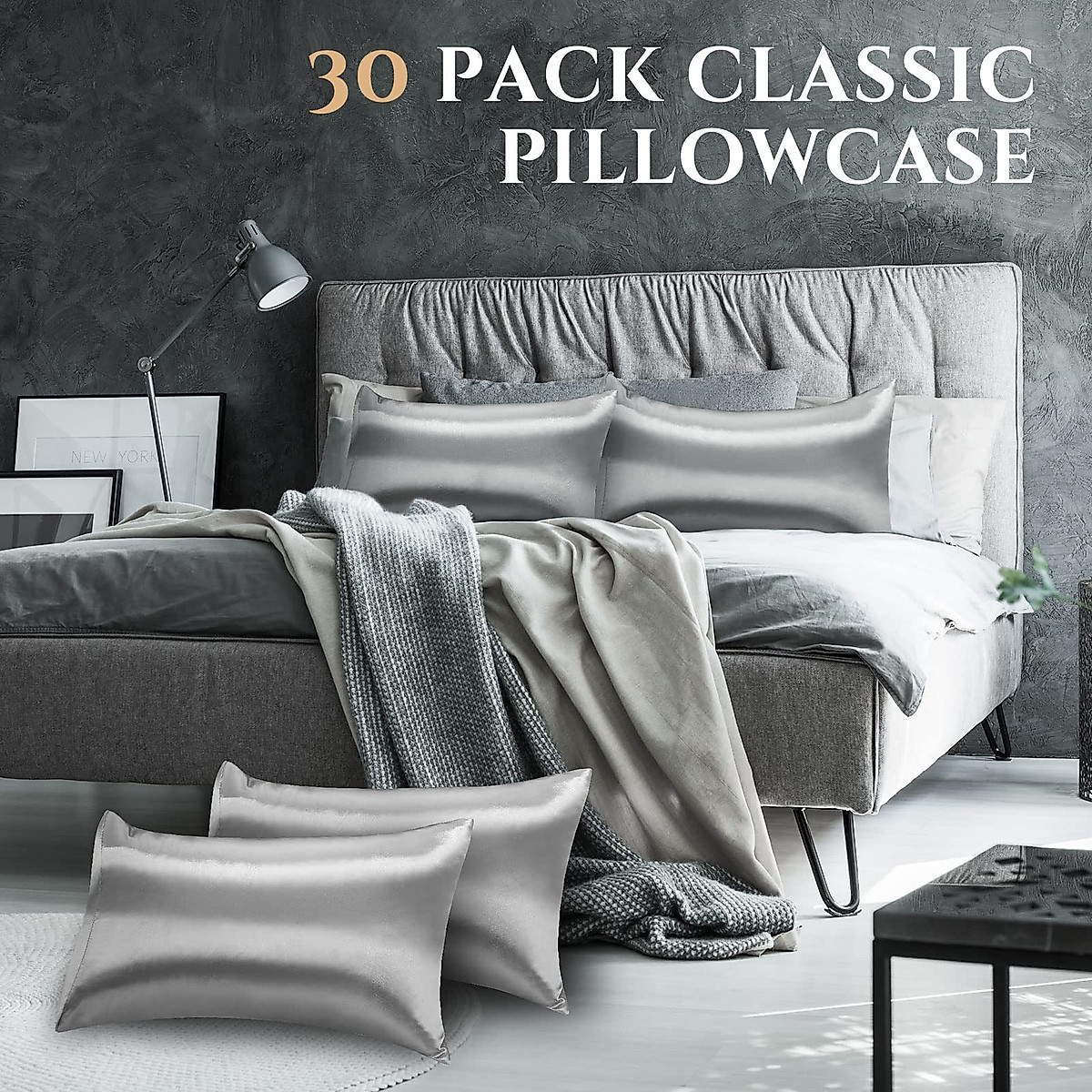 30 Pack Satin Pillowcase for Hair and Skin Queen Size Silk Pillow Cases Bulk, 20x30 Inch Satin Pillow Case Washable Cooling Pillowcase Cover with Envelope Closure for Bedding Sleeping Women Men(Grey)