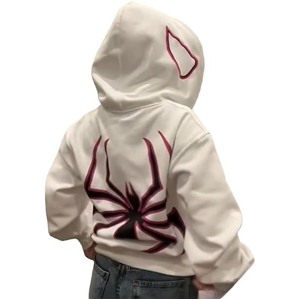 Obenie Y2k Spider Print Hoodies Hip Hop Zipper Long Sleeve Jacket Coats Harajuku Casual Loose Hooded Sweatshirt (white,L,Large)
