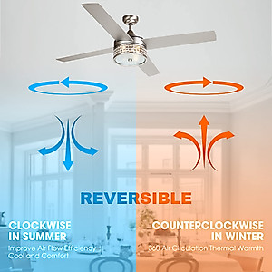 Parrot Uncle Ceiling Fans with Lights and Remote 52 Inch Bedroom Ceiling Fan with Lights Modern Outdoor Ceiling Fans for Covered Patios, Brushed Nickel