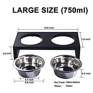 Pawise Elevated Dog Bowls, Raised Cat Feeder Elevated Food and Water Bowls Stand with 2 Stainless Steel Bowls and Anti Slip Feet, Wooden Frame Pet Feeder 750ml