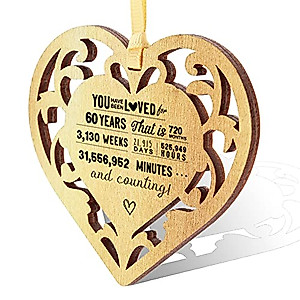 You Have Been Loved for 60 Years Engraved Heart Wooden Tag Quote Hanging Ornament Party Decorations Supplies Gift for Her Man Woman Sister Friend Family 60th Anniversary or 60th Birthday Gifts