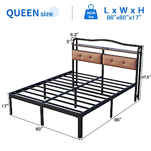 UOMEUR Queen Bed Frames,Queen Bed Frame with Headboard & Charging Station,Black Bed Frame Queen Size No Box Spring Needed,Metal Queen Bed Frames for Kids,Boys,Girls,Adult,Easy Assembly and Noise Free