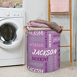 Custom Name Large Laundry-Basket for Kids-Boys-Girls, Personalized Collapsible Waterproof Laundry Hamper Dirty Clothes Toys Storage Bin with Handles,Purple