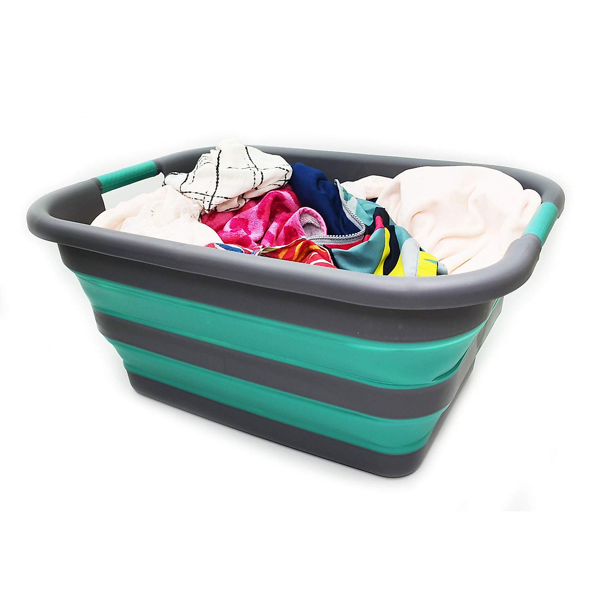 SAMMART 41L Set of 2 Collapsible Plastic Laundry Basket - Foldable Pop Up Storage Container/Organizer - Portable Washing Tub - Space Saving Hamper/Basket (2, Grey/Turquoise Blue)