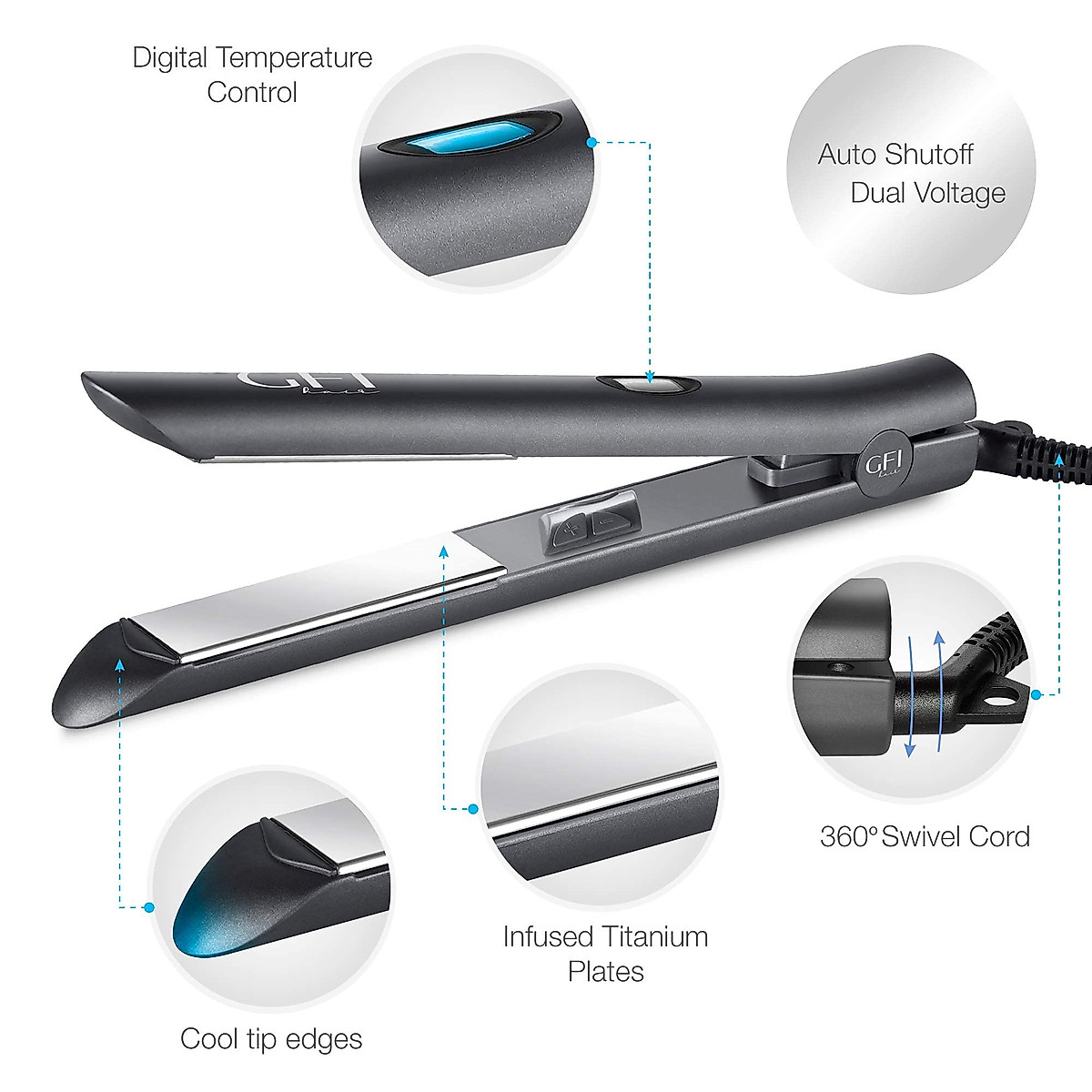 GFI Hair Straightener - Turbo Heating Element - Titanium Flat Iron - Straightens & Curls Any Hair Type - Temperature Control - Pouch & Glove Included