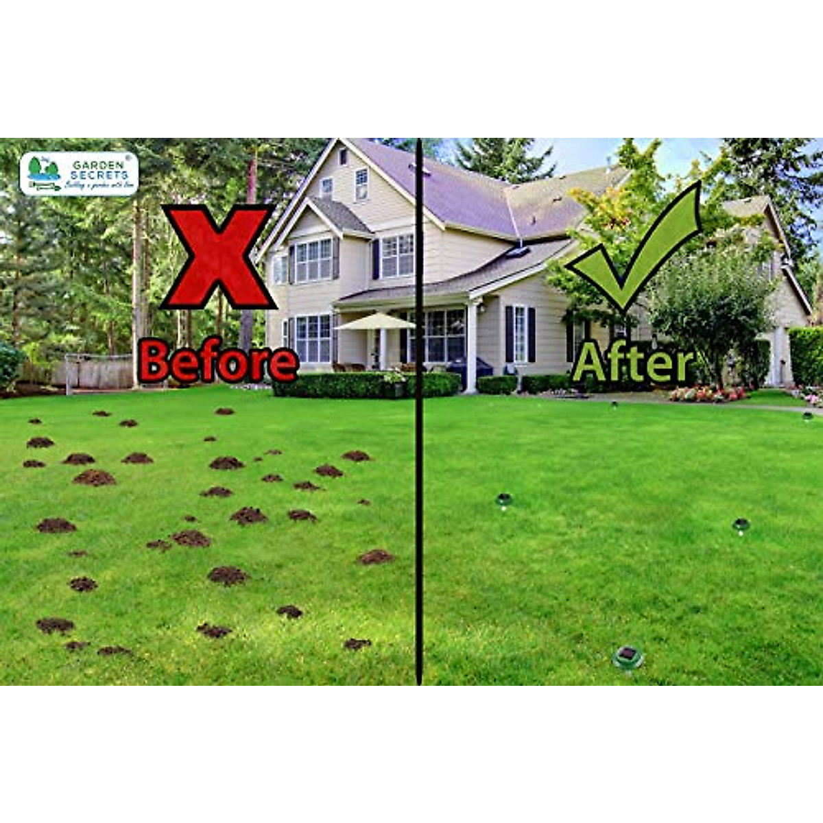 GARDEN SECRETS (2 Pack) Professional Solar Mole & Snake Repellent. Gopher Vole Snake Scorpion etc Deterrent. Keep Underground Creatures Away from Your Property Within 2-4 Weeks. Year Full Warranty!