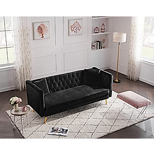 EMKK Small Velvet 2-Seater Couch with Pillows, Loveseat Accent Sofa, Living Room Sofá with Tufted Backrest, Black