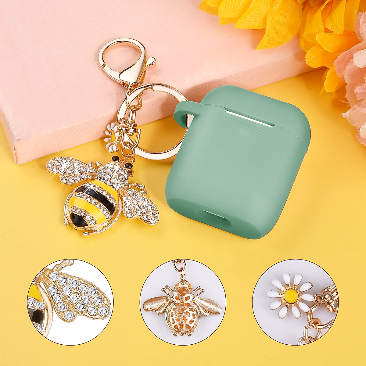 Filoto AirPods Case, Cute AirPod 2nd Generation Case Cover for Women Girls, Silicone Apple AirPods Gen 1/2 Protective Earbuds Case with Rhinestone Bee Keychain Accessories (Cactus Green)