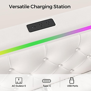 Queen Bed Frame with Adjustable LED Headboard White, Upholstered Metal Platform Bed Frame with 4 Under Bed Storage Drawers on Wheels and Charging Station, No Box Spring Needed, Easy Assembly