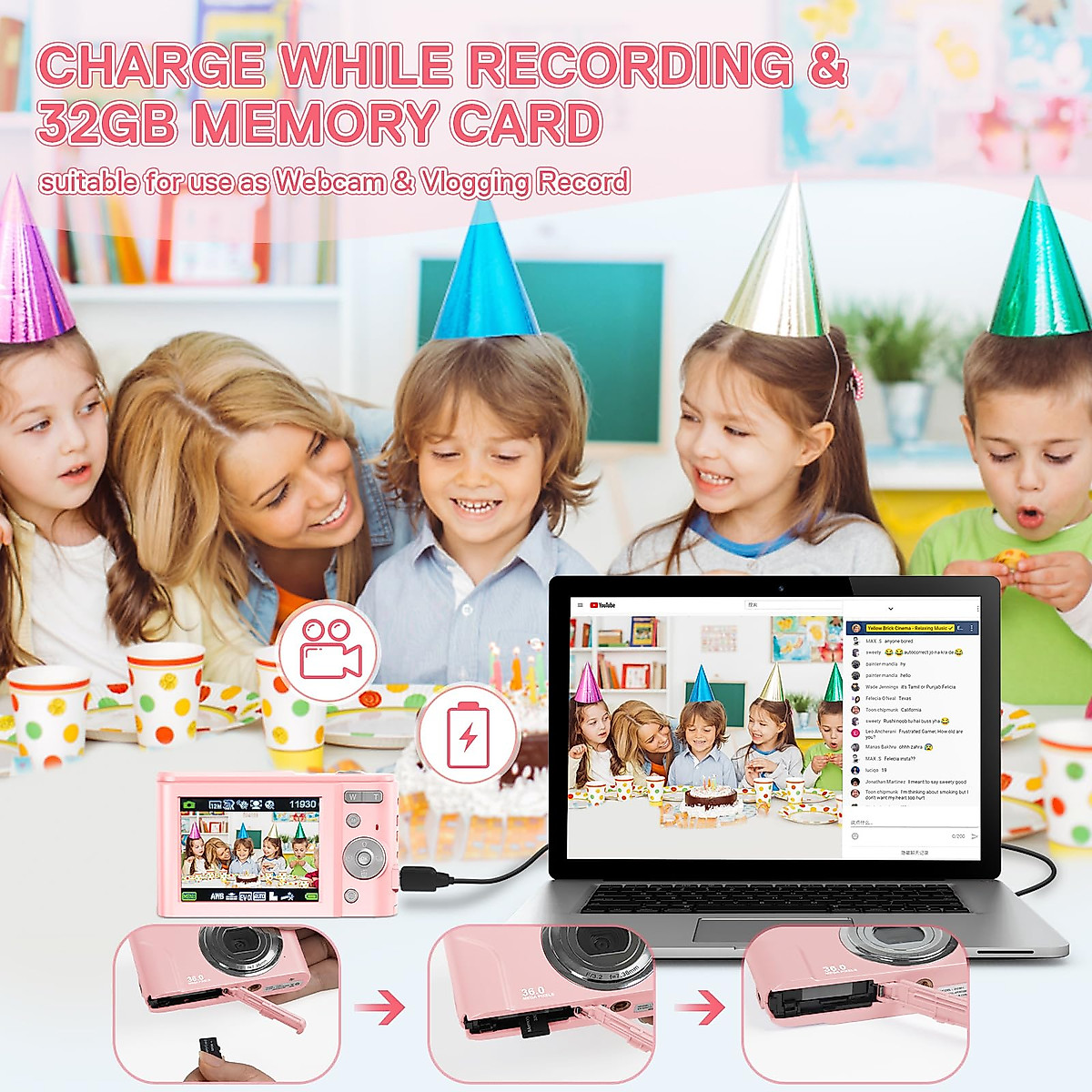 Digital Camera, Bofypoo FHD 1080P 36MP Kids Vlogging Camera with 32GB Card, 16X Zoom Point and Shoot Digital Camera, Portable Mini Camera Compact Camera for Teens,Beginners